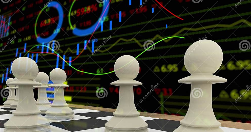 Image of White Chess Pieces Over Graphs and Charts Processing Data on ...