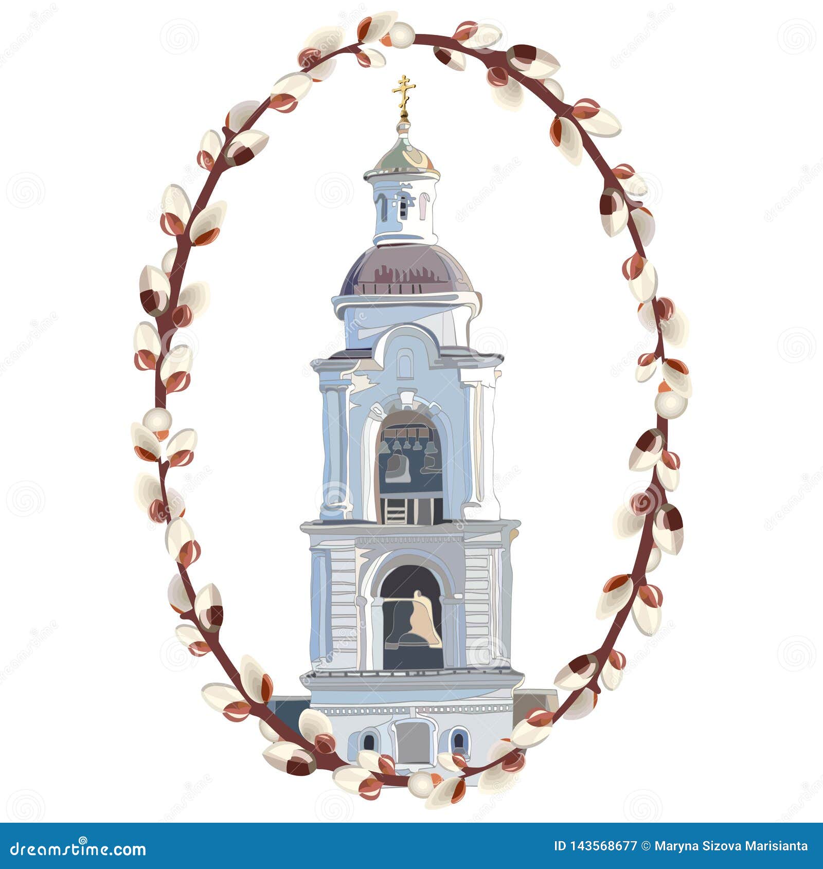 Image of White Church Bell Tower in a Frame Flowering Willow Stock ...