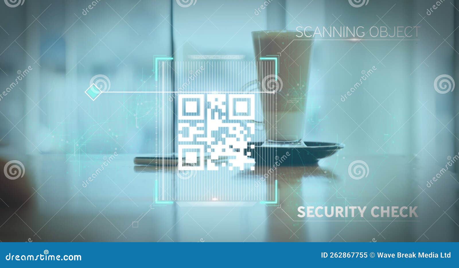 Image of a White QR Code Scanning Over a Cup of Caffe Latte Standing ...