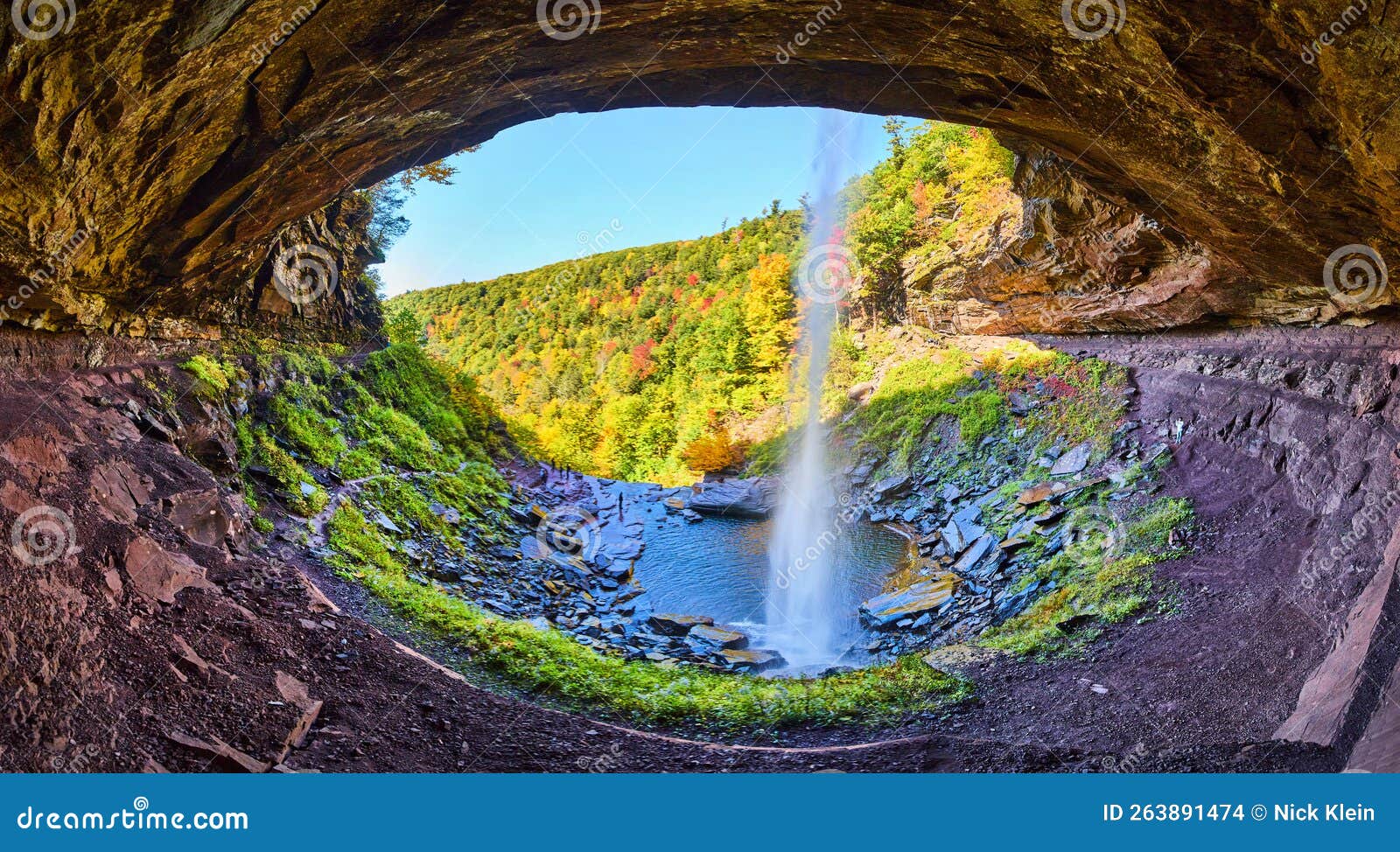 Wide Angle in Cave Space Behind Waterfall Over Cliff Edge with Fall ...