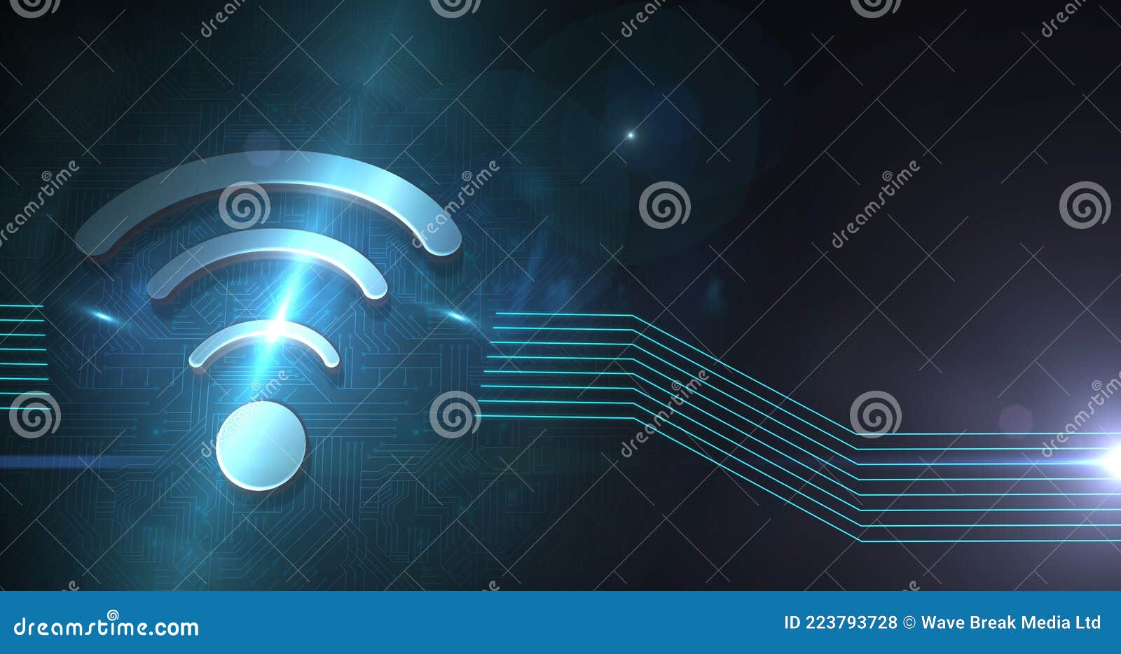 Image of Wifi Symbol and Green Glowing Lines Over Computer Circuit ...