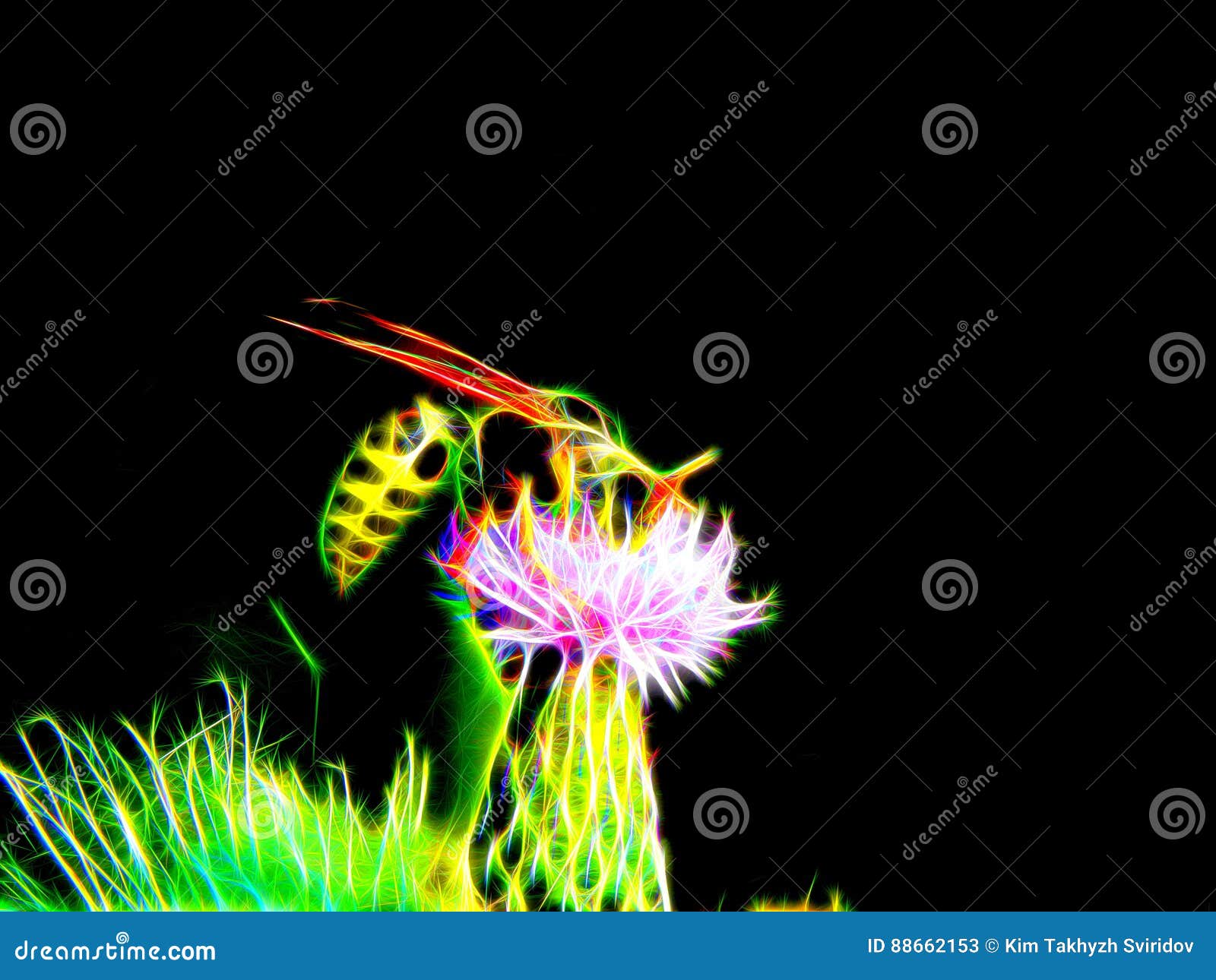 Image of a Wild Wasp on the Flowers of a Meadow Burdock in Neon Light ...