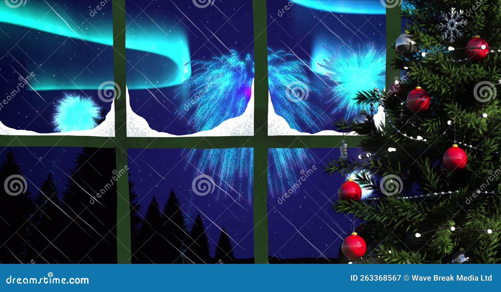 Image of Window with Christmas Tree and Fireworks Exploding in Night ...
