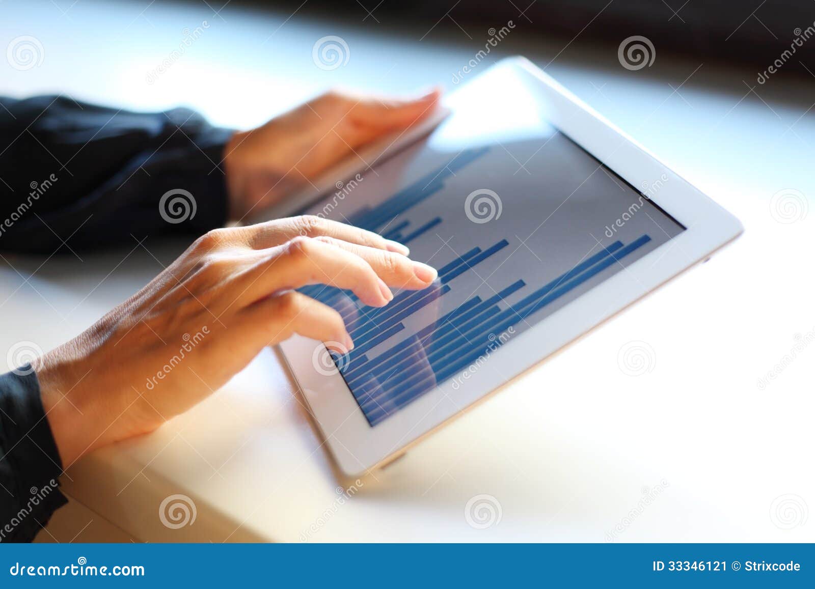 Image of Woman Hand Pointing at Touchscreen with Business Graph Stock ...