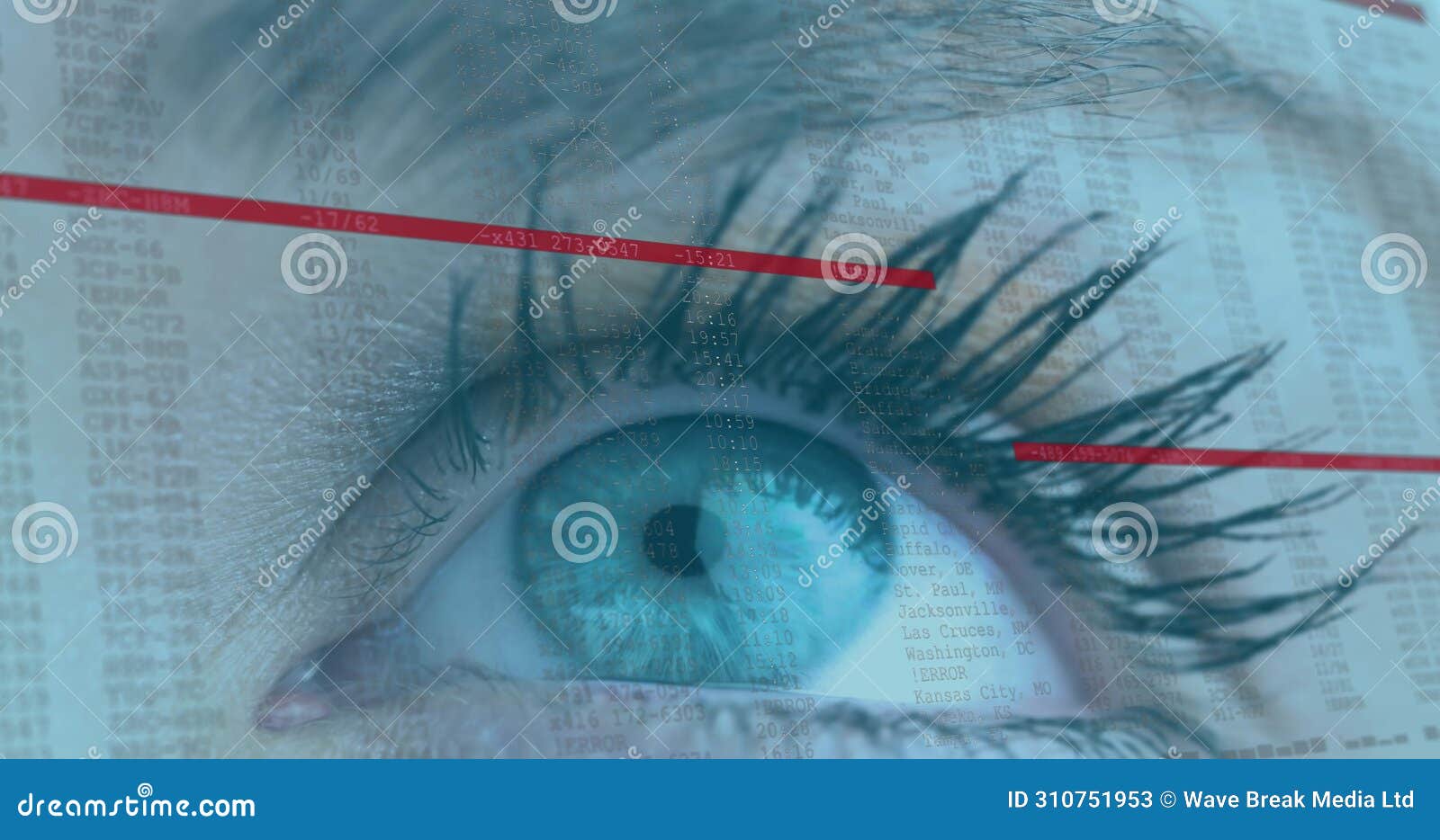 Image of Woman S Blue Eye and Scrolling Digital Information with Red ...