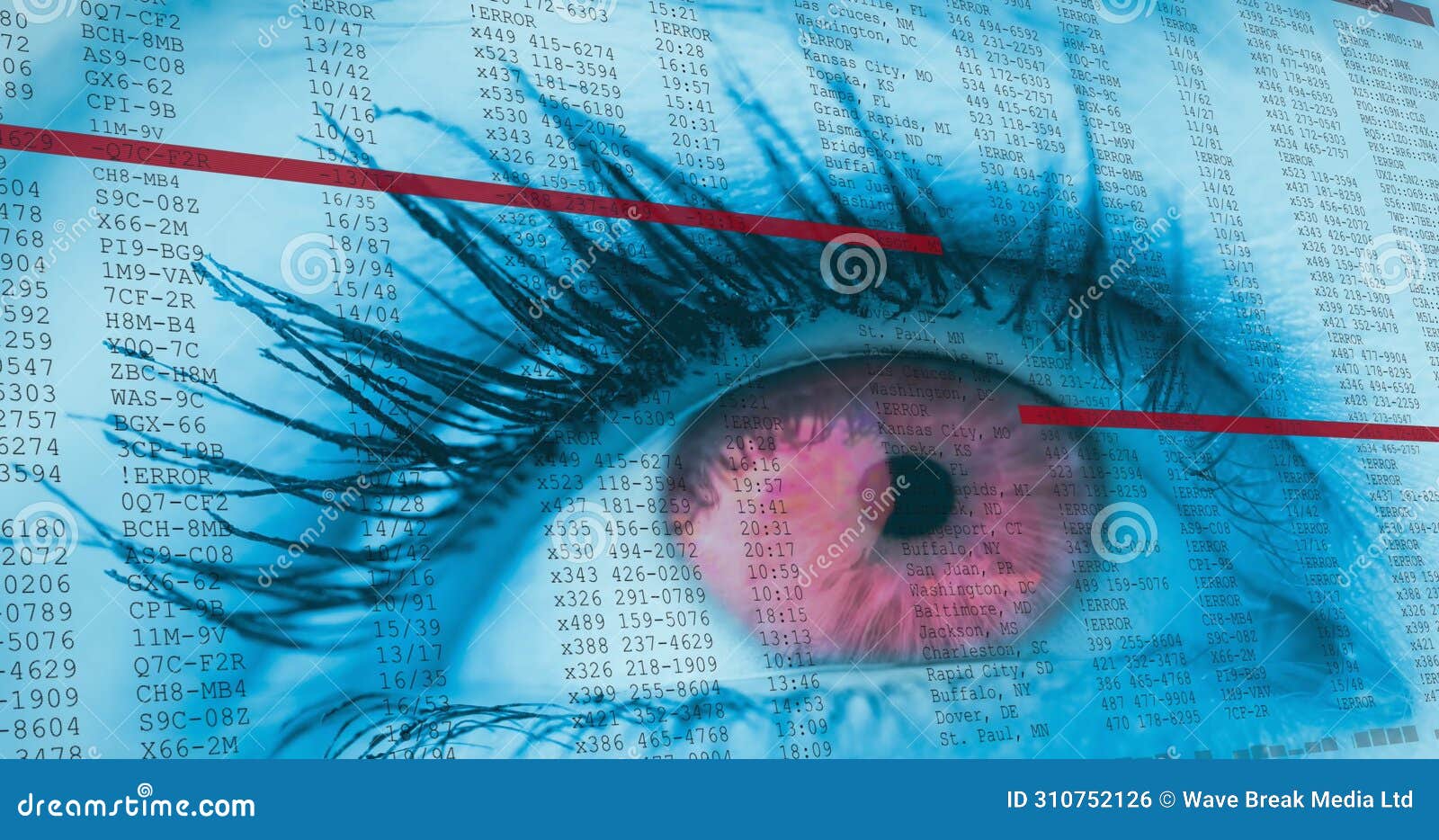 Image of Woman S Red Eye Opening with Scrolling Digital Information and ...