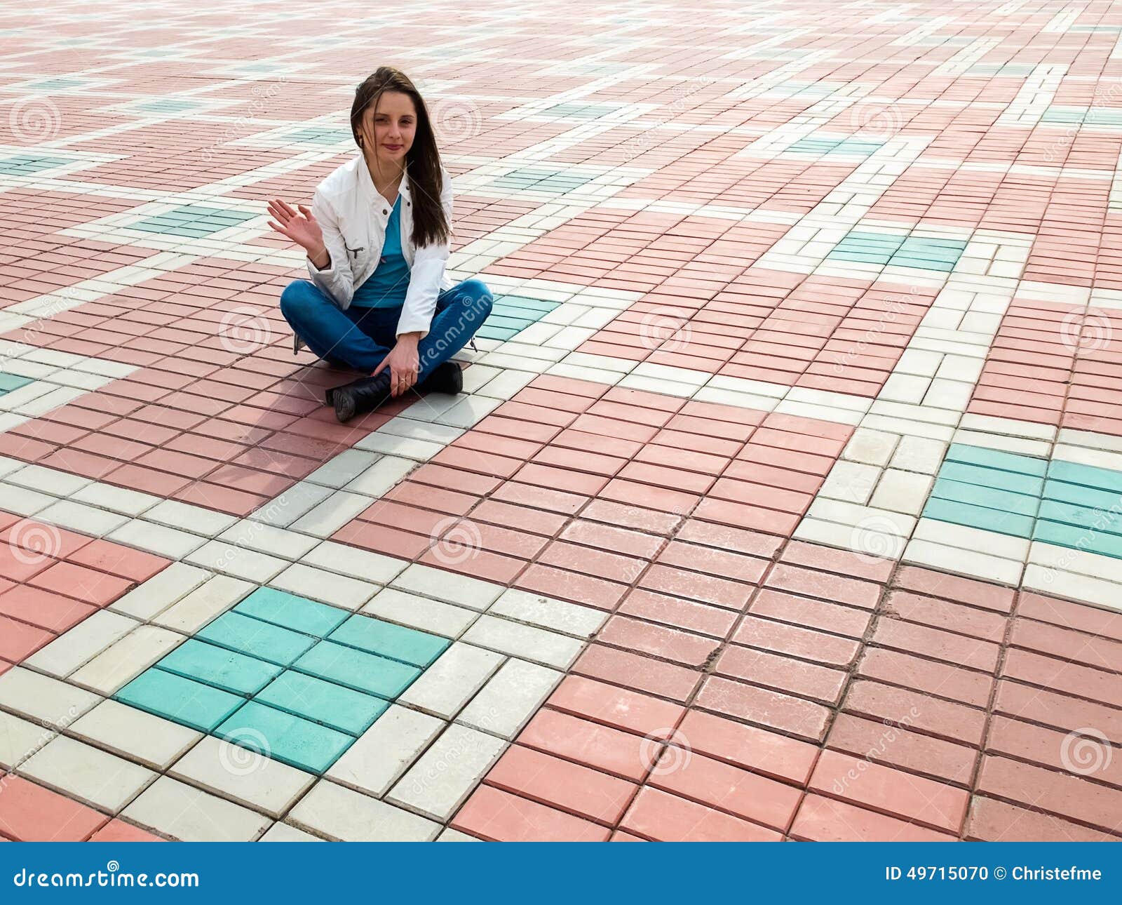 Image of Woman Sitting on the Paving Slab Stock Photo - Image of cute ...