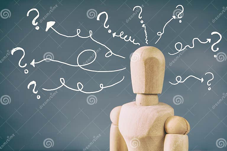 Image of Wooden Dummy with May Question Marks Stock Photo - Image of ...