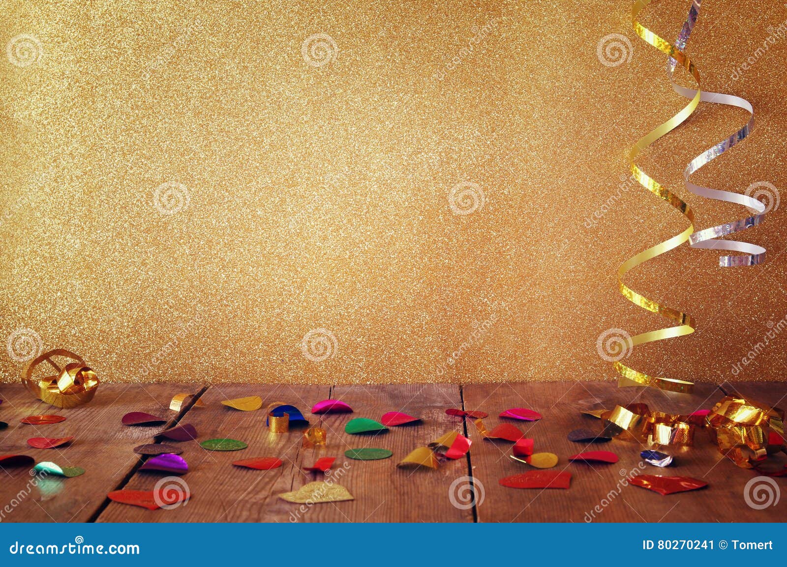 Image of Wooden Table with Colorful Confetti Stock Image - Image of ...