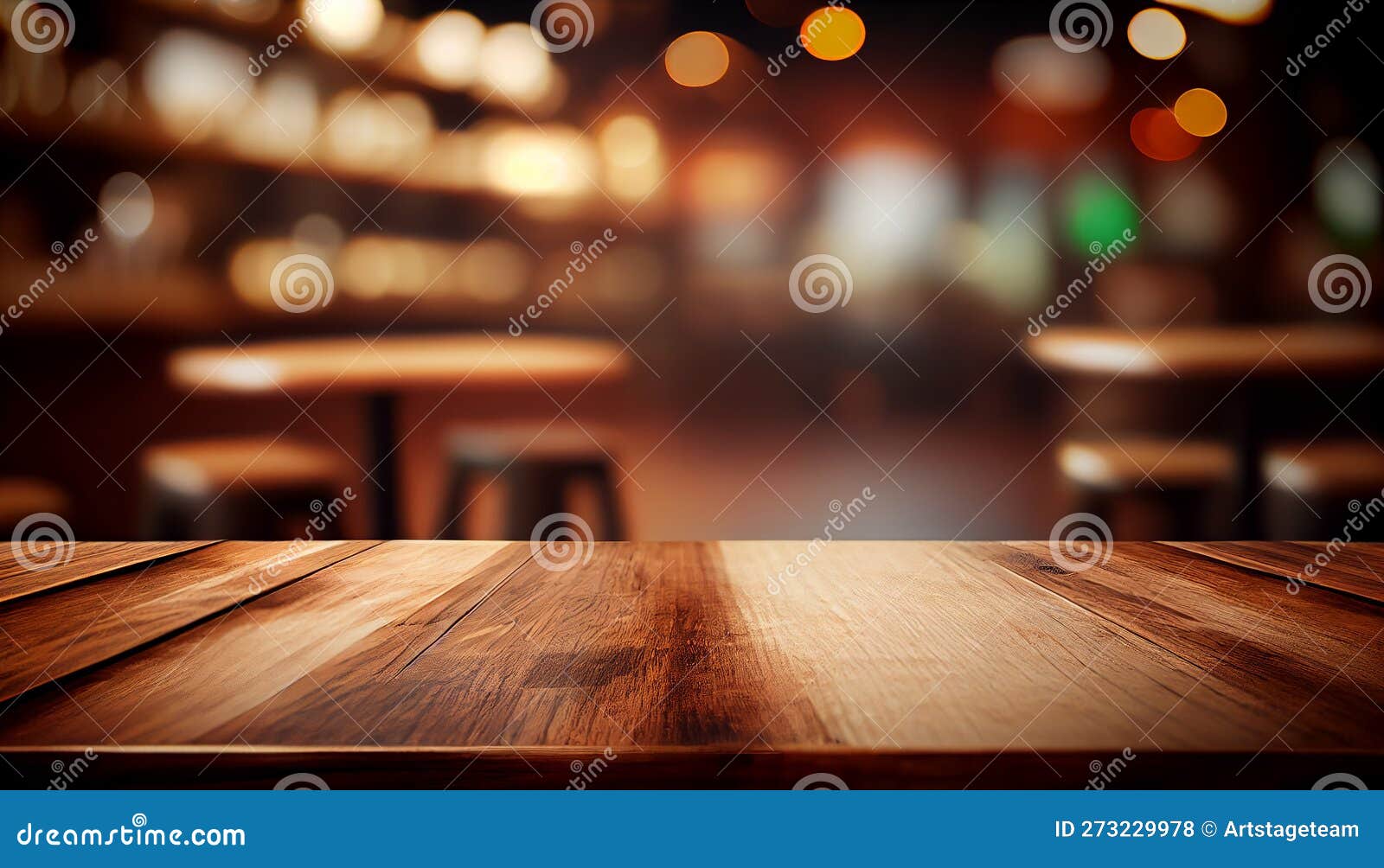 Image of Wooden Table in Front of Abstract Blurred Restaurant Lights ...