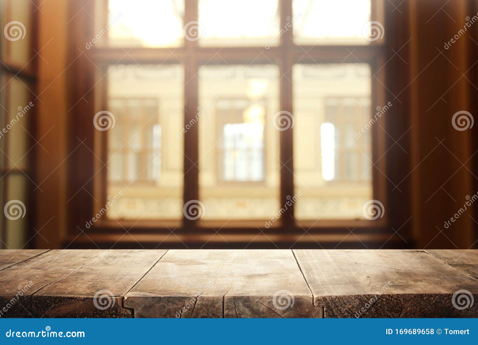 Image of Wooden Table in Front of Abstract Blurred Window Light ...