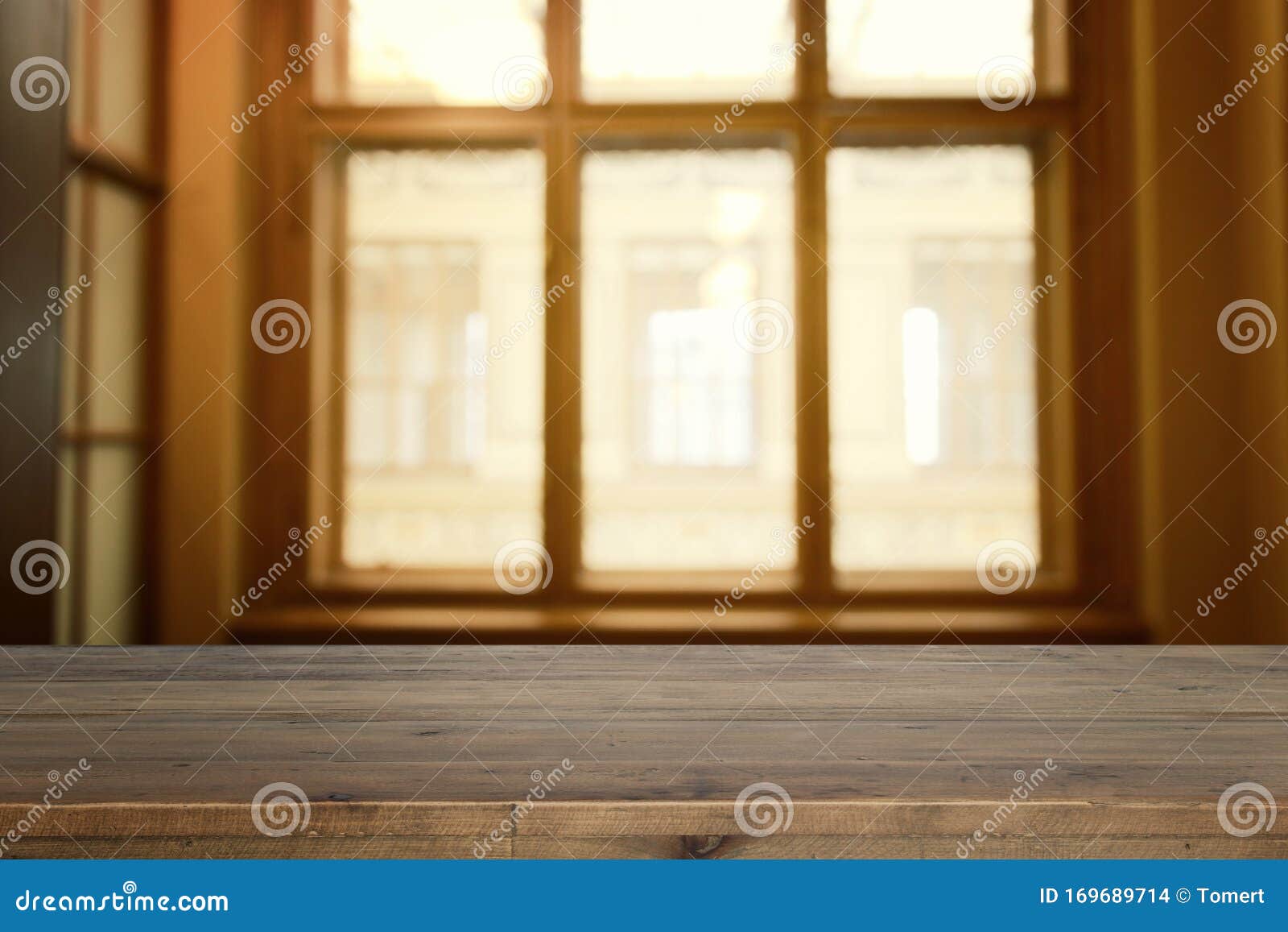 Image of Wooden Table in Front of Abstract Blurred Window Light ...