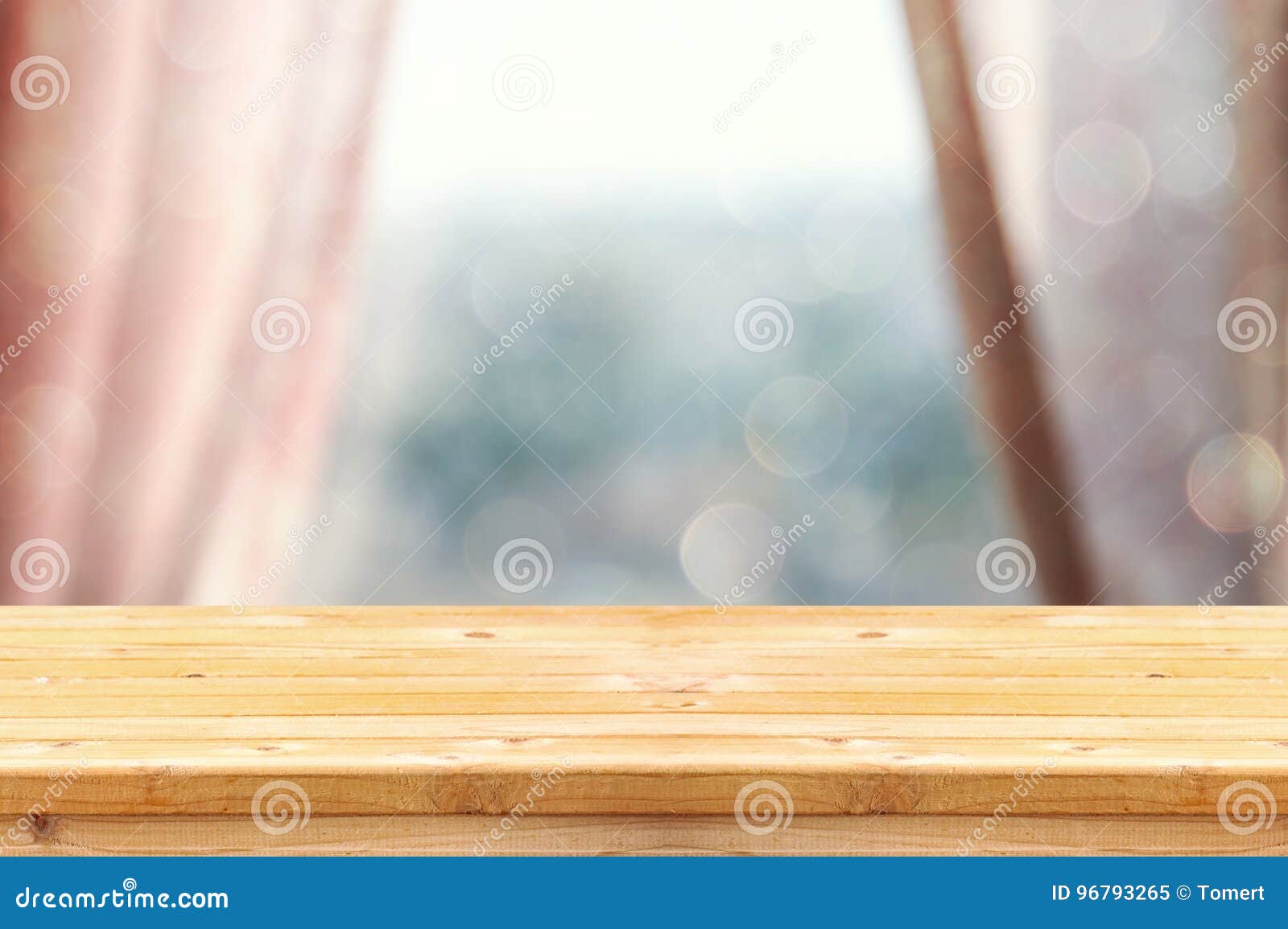 Image of Wooden Table in Front Curtains. for Product Display and ...