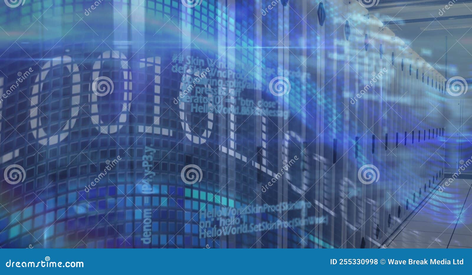 Image Of World Map Binary Coding And Data Processing Over Empty Computer Server Room Stock