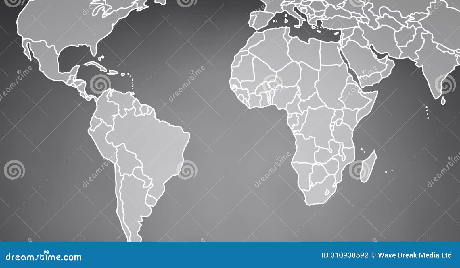 Image of World Map with Glowing Contours Moving on Grey Background ...