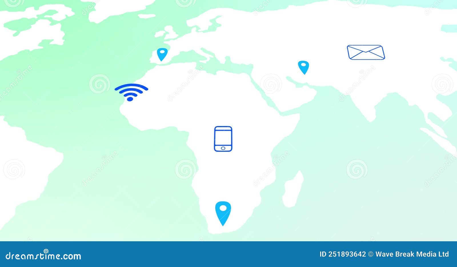 Image of World Map with Location Marks and Tech Icons on Green ...