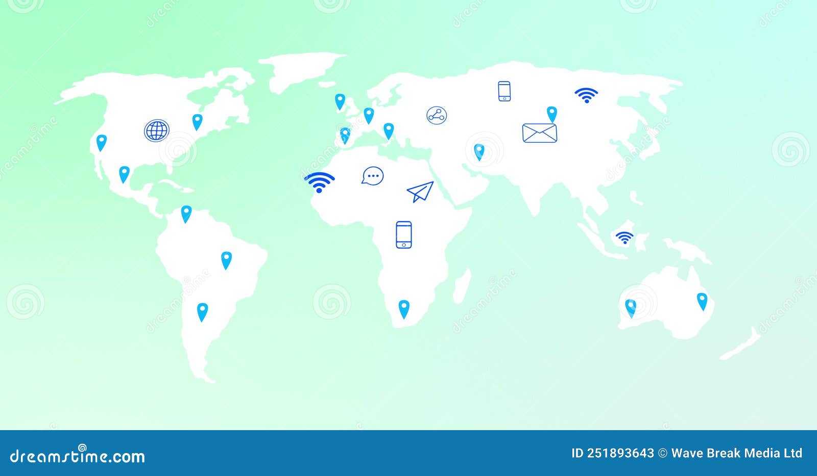 Image of World Map with Location Marks and Tech Icons on Green ...
