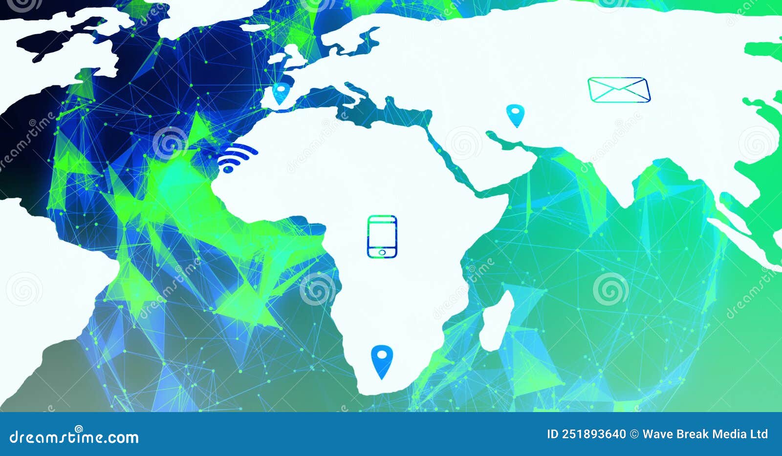 Image of World Map with Location Marks and Tech Icons on Green and Blue ...