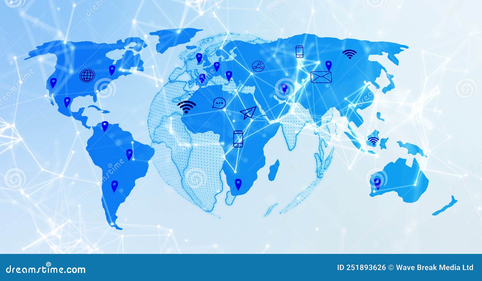 Image of World Map with Location Marks and Tech Icons on Light Blue ...
