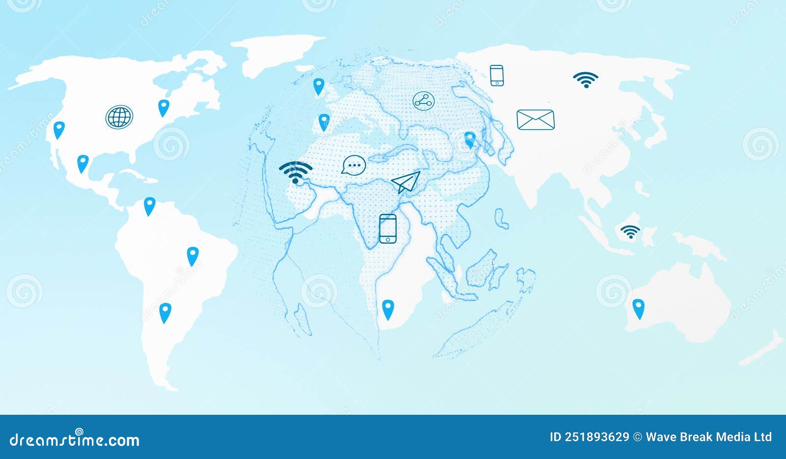 Image of World Map with Location Marks and Tech Icons on Light Blue ...