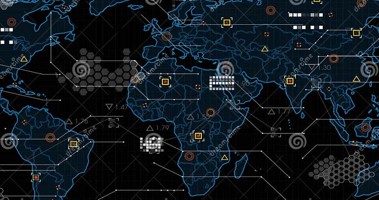 Image of World Map and Processing Data on Black Background Stock Photo ...