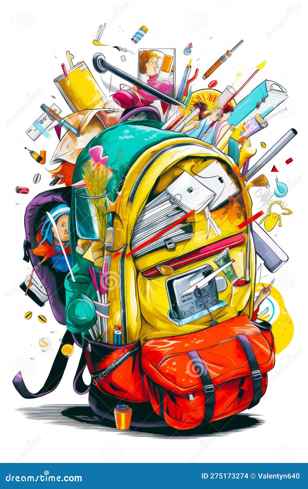 Image of Yellow Backpack with School Supplies on Top of it and Confetti ...