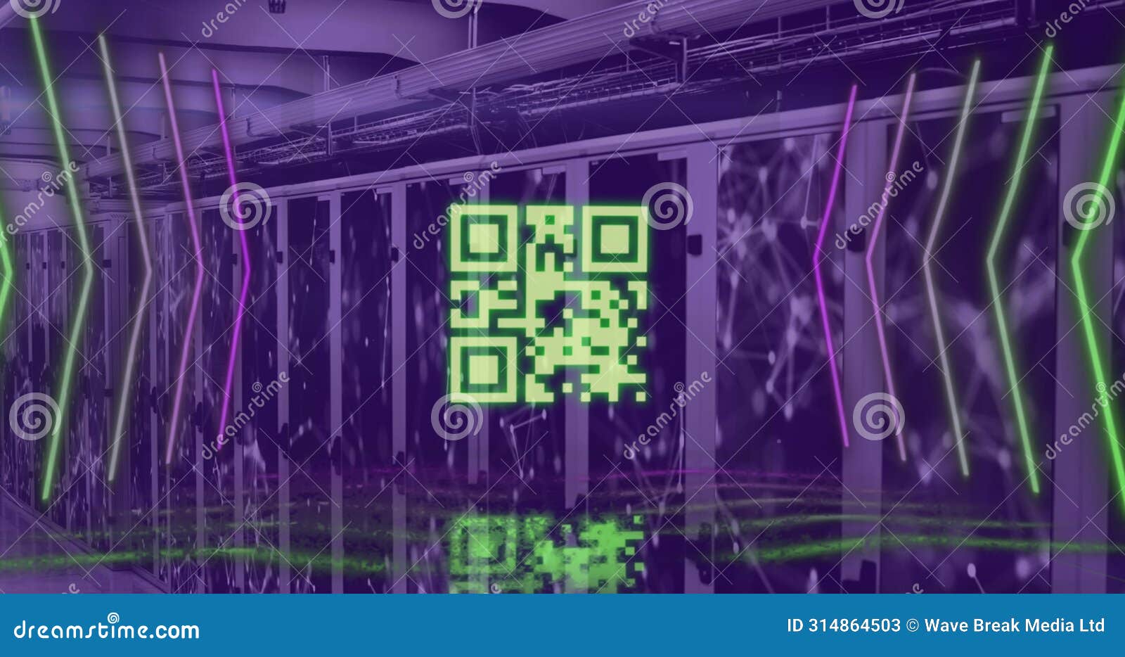 Image of Yellow Qr Code and Neon Lights Over Networks and Computer ...