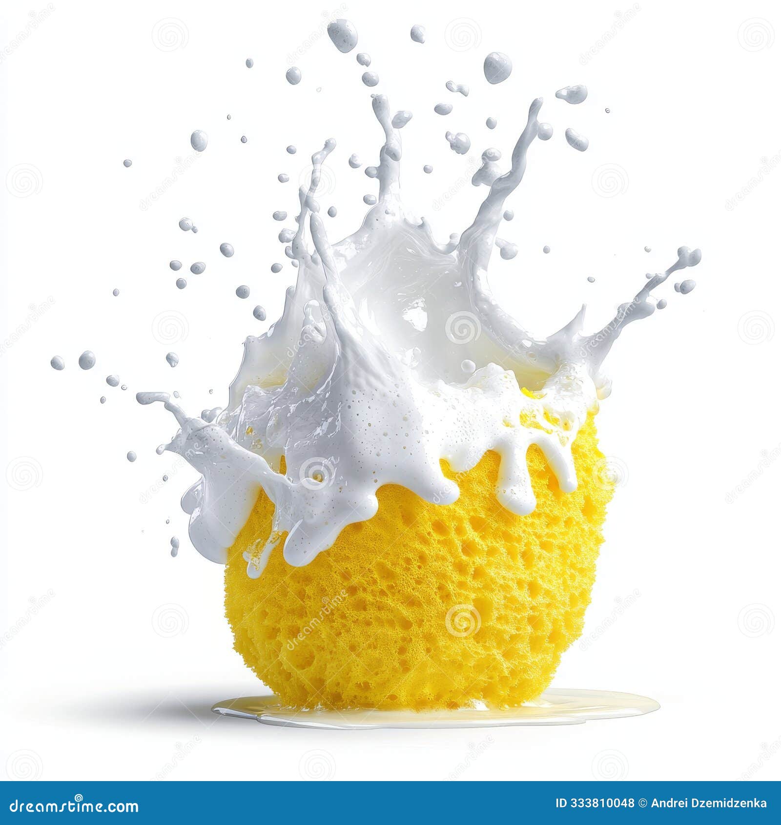 An Image of a Yellow Sponge Soaking in a Sudsy White Foam Splash Stock ...