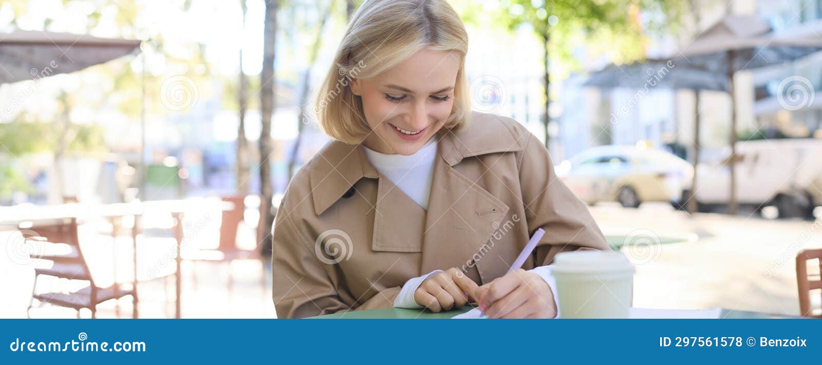 Image of Young Modern Woman, Student Working on Project, Sitting in ...