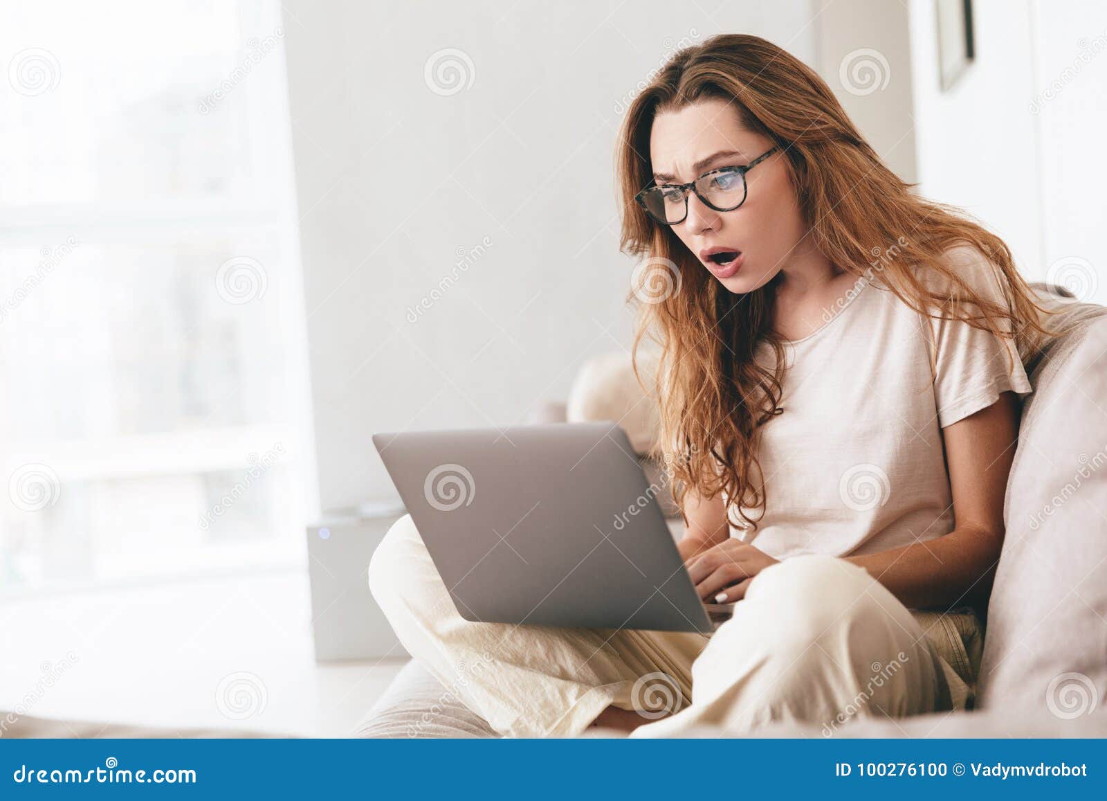 Shocked Lady Using Laptop Computer. Stock Photo - Image of laptop ...