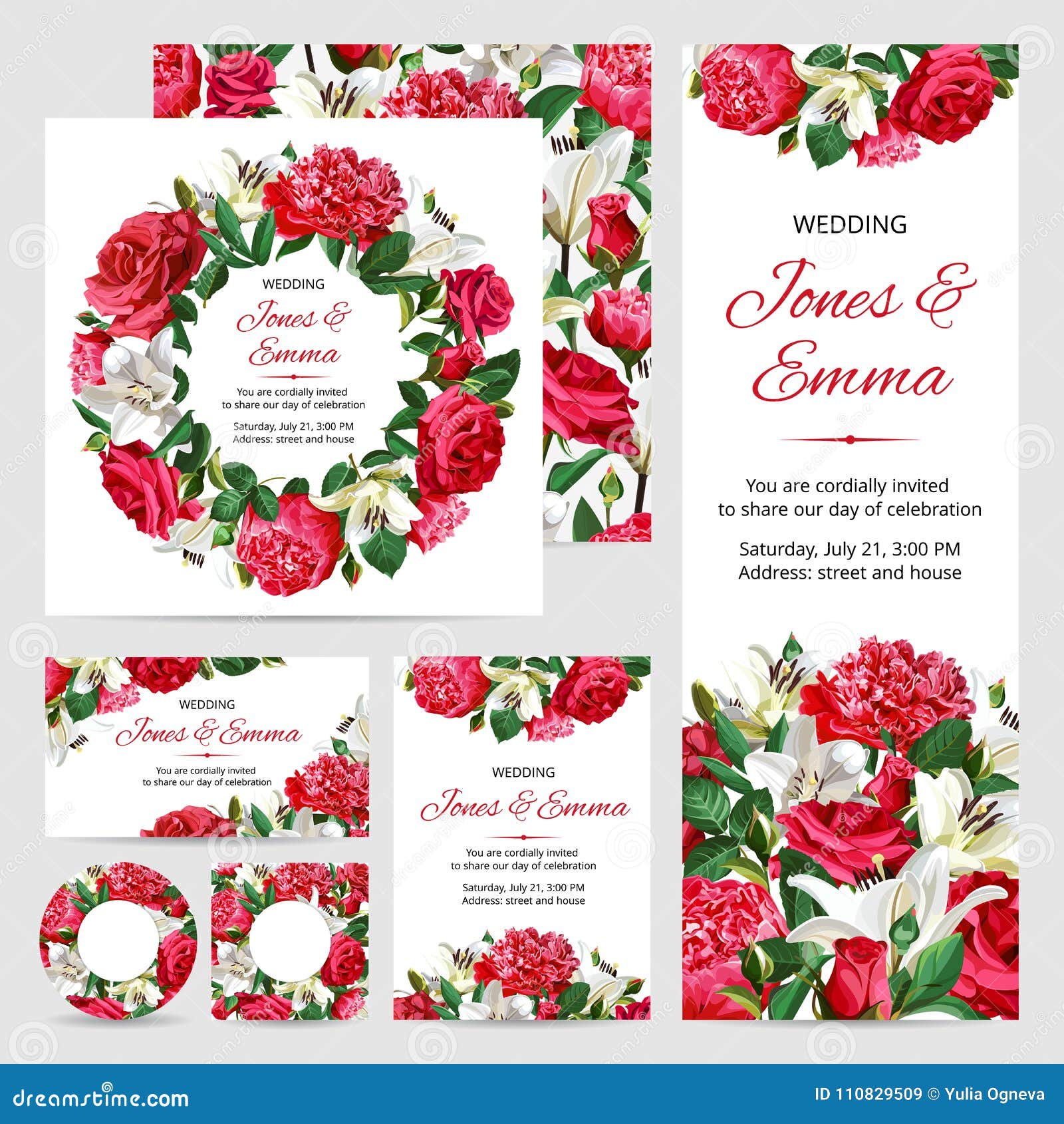Set of Wedding Invitations. Red and White Flowers on White Background ...
