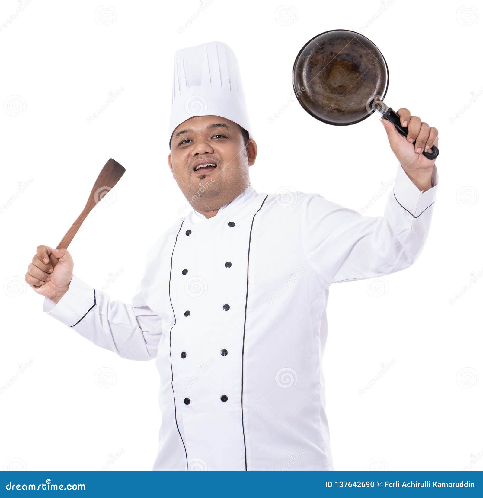 Images of Chef Confidence Wit Pose Hands Up Holding Pan Stock Photo ...
