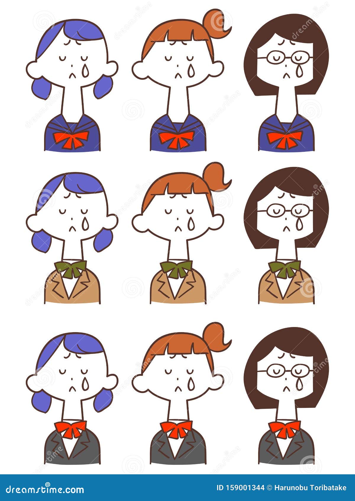 Three Crying Face Students In Three Different Uniforms Vector ...