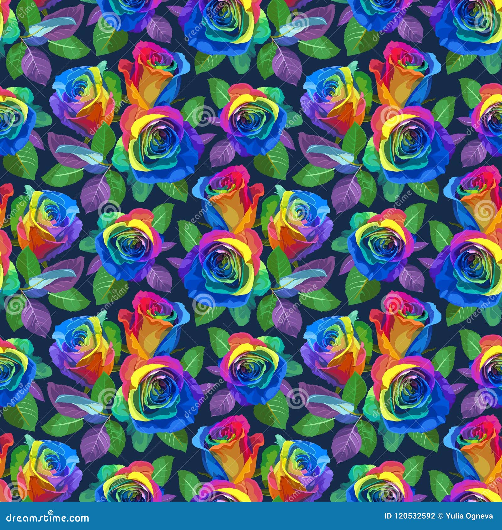 Seamless Pattern - Multicolored Roses on Black Background. Stock Vector ...