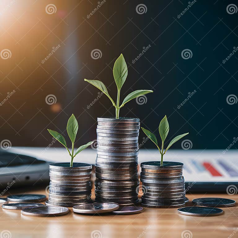ImageStock Financial Growth Visualized Stack of Coins Atop Office Desk ...