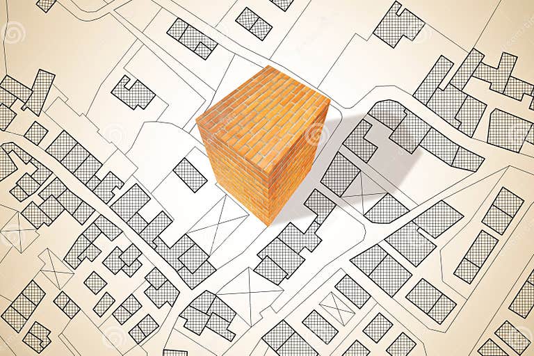Imaginary Cadastral Map of Territory with a Brick Building - Concept ...
