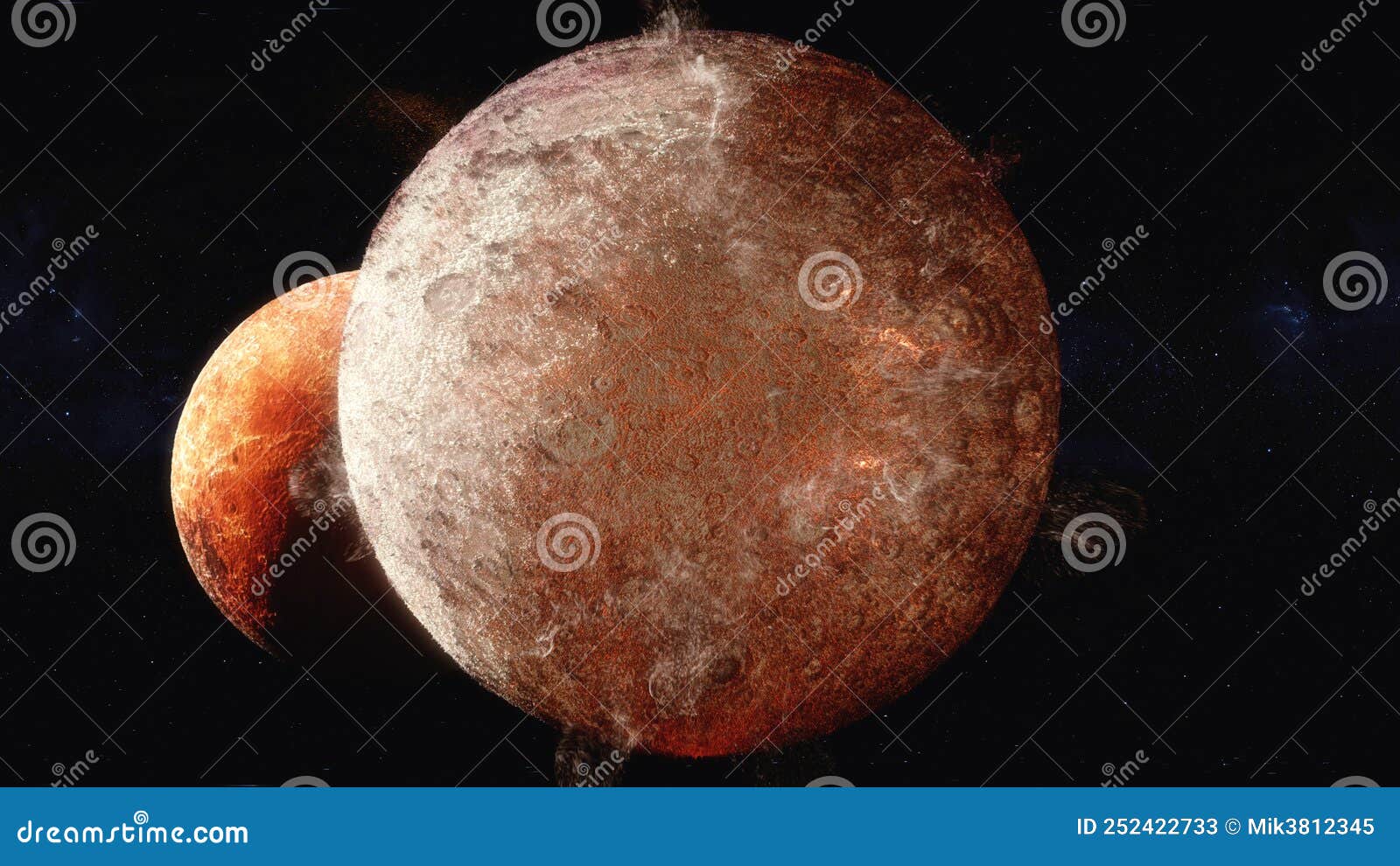 Fictional Planet Sun Rise In Dark Background With Stars. Front View Of ...