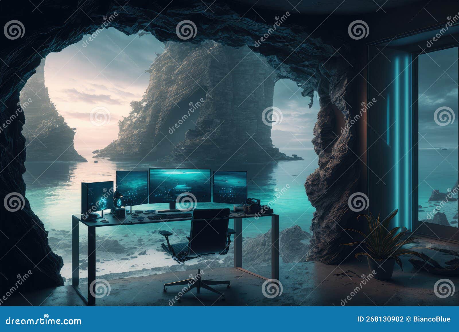 Imaginary Home Workspace in Rocky Cave with Window Overlooking Ocean ...