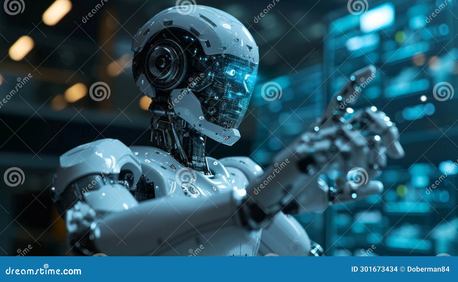 Imaginary Illustration of Android Robot in Front of Touch Screen in ...