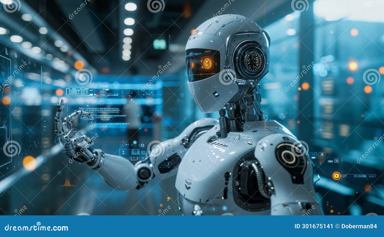 Imaginary Illustration of Android Robot in Front of Touch Screen in ...