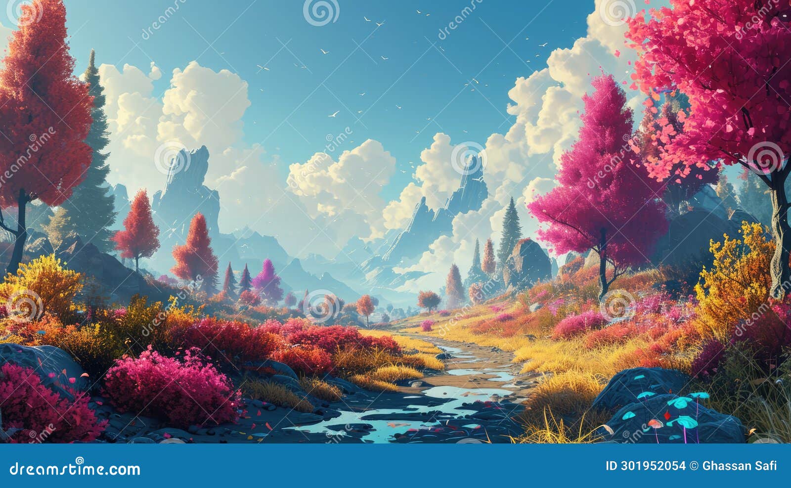 An Imaginary Vibrant Landscape with Fluffy Clouds and Trees Stock ...
