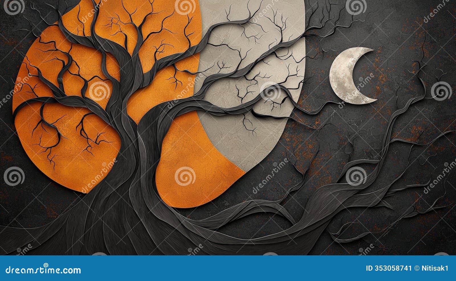 Imaginary Landscape with a Tree Silhouette Against a Full Moon on a ...