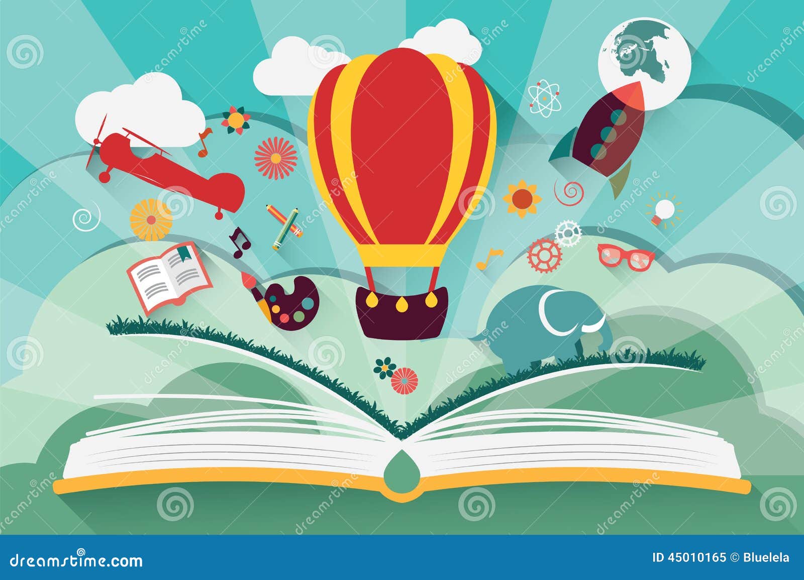 Imagination Concept, Boy And Girl Reading A Book Objects Flying Vector ...