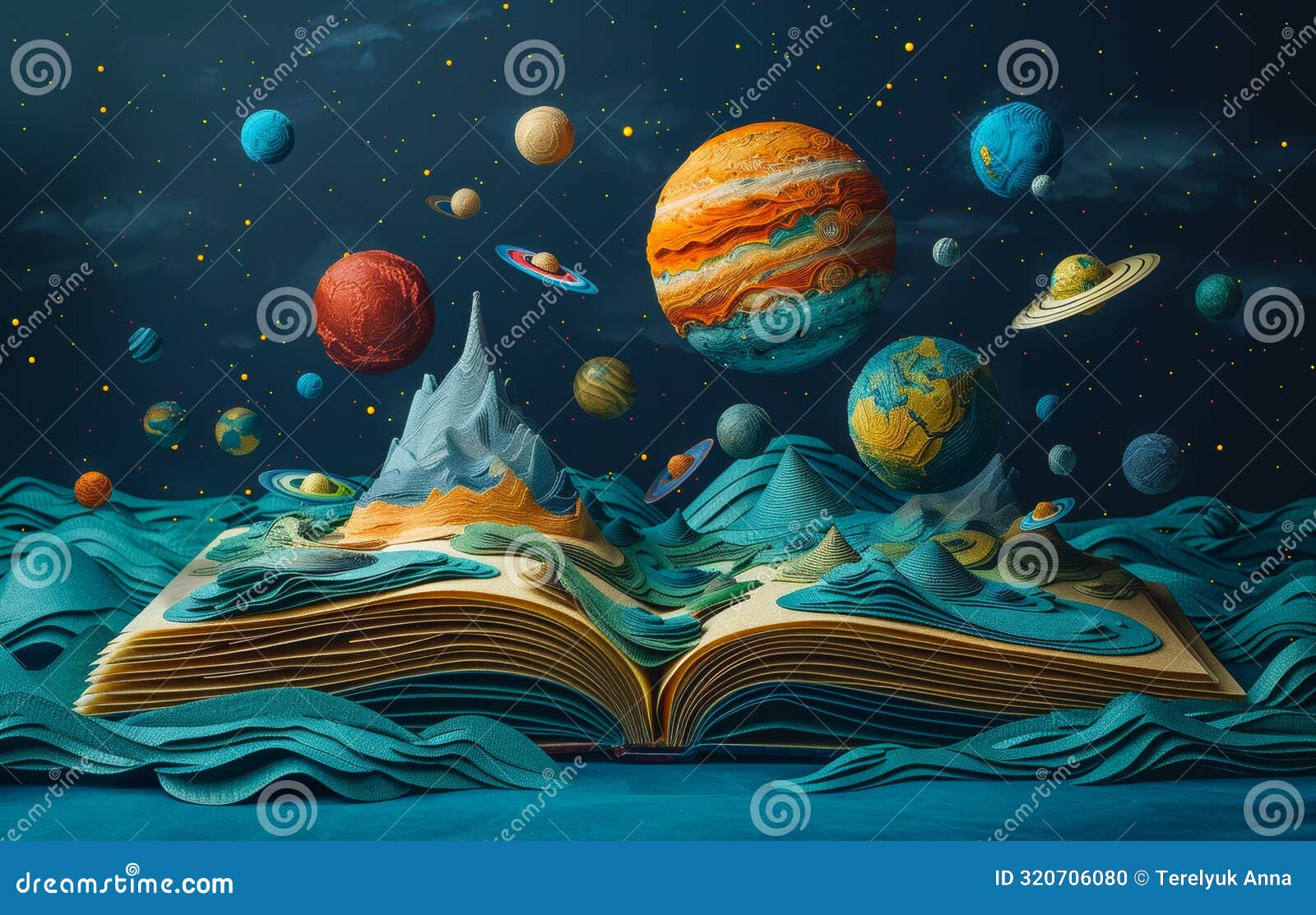 Imagination and Fantasy Concept of Open Book in the Space with Planets ...