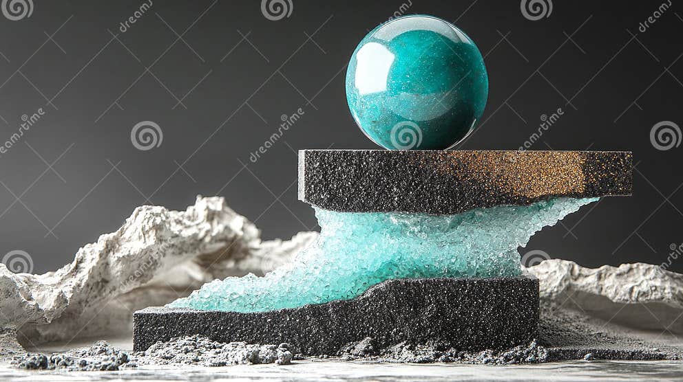 A Striking Turquoise Sphere Balanced on a Textured Black and Grey ...
