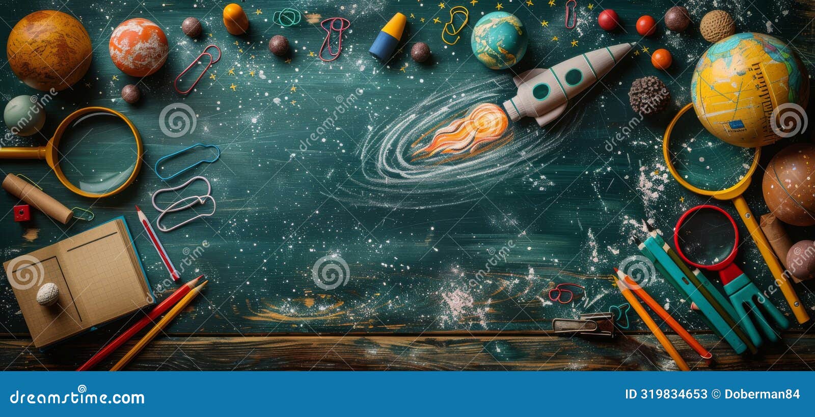 Stellar Educational Scene with Chalkboard Depiction of Space and ...