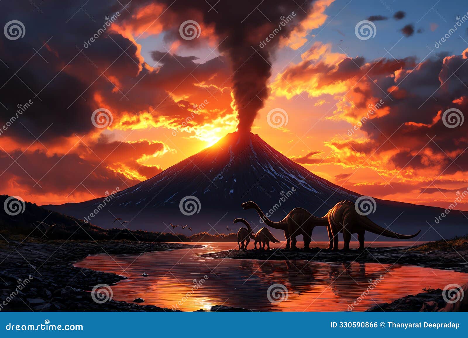 Group Of Dinosaurs Cartoon On Volcanoes Background, Coloring Book Or ...