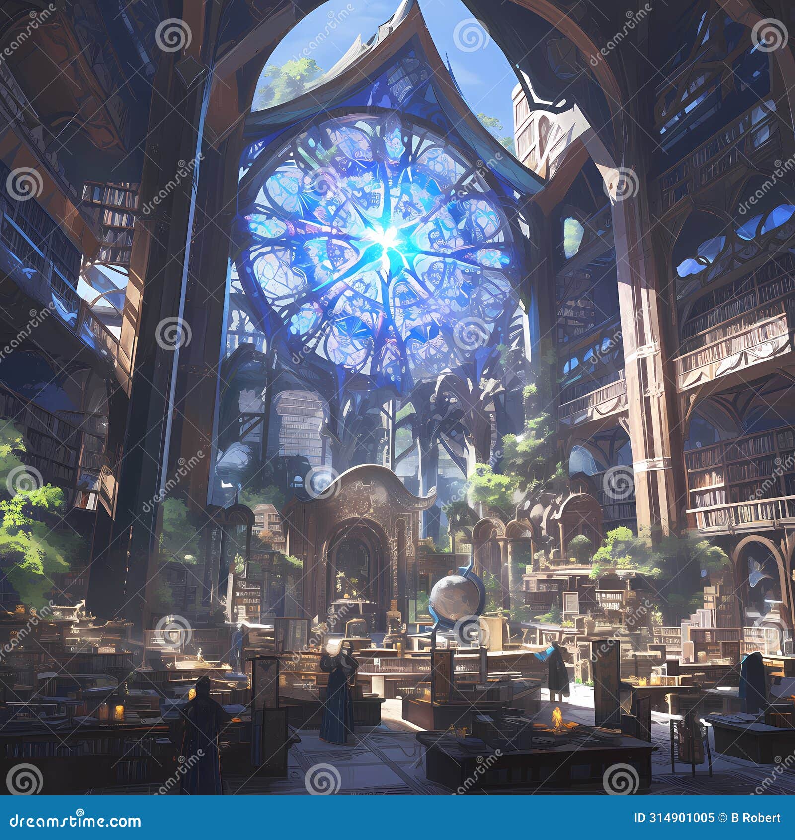 Imaginative Library, Fantasy Study Hall with Blue Window and Trees Inside Stock Illustration ...
