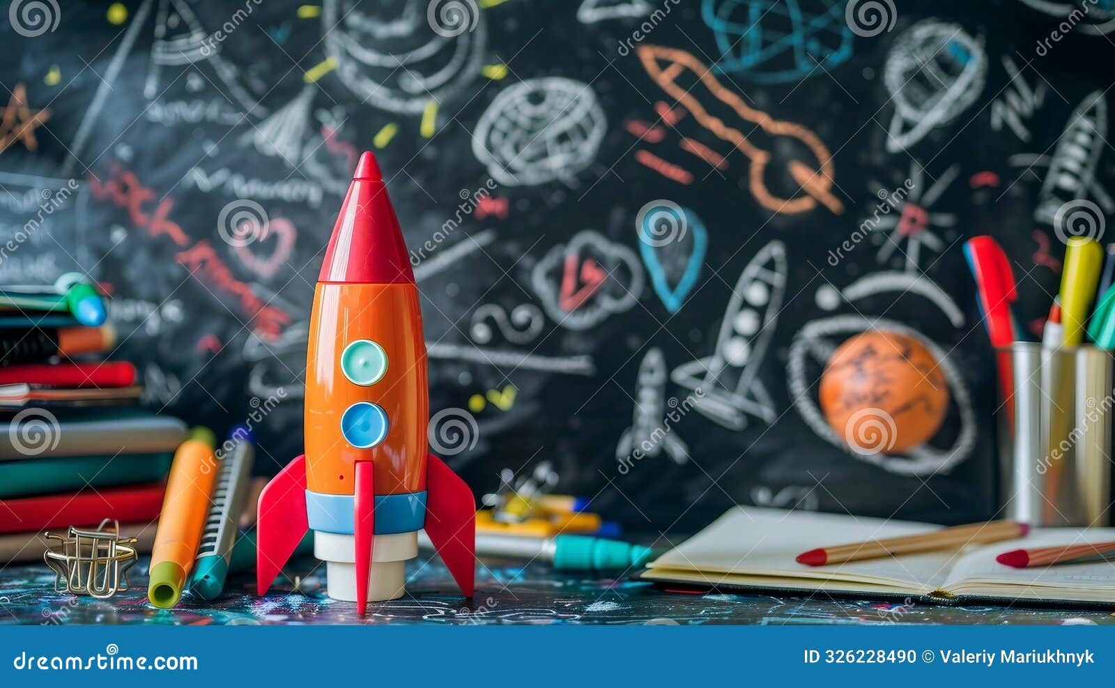 Imaginative Space Exploration Scene with Toy Rocket, Drawings, and ...