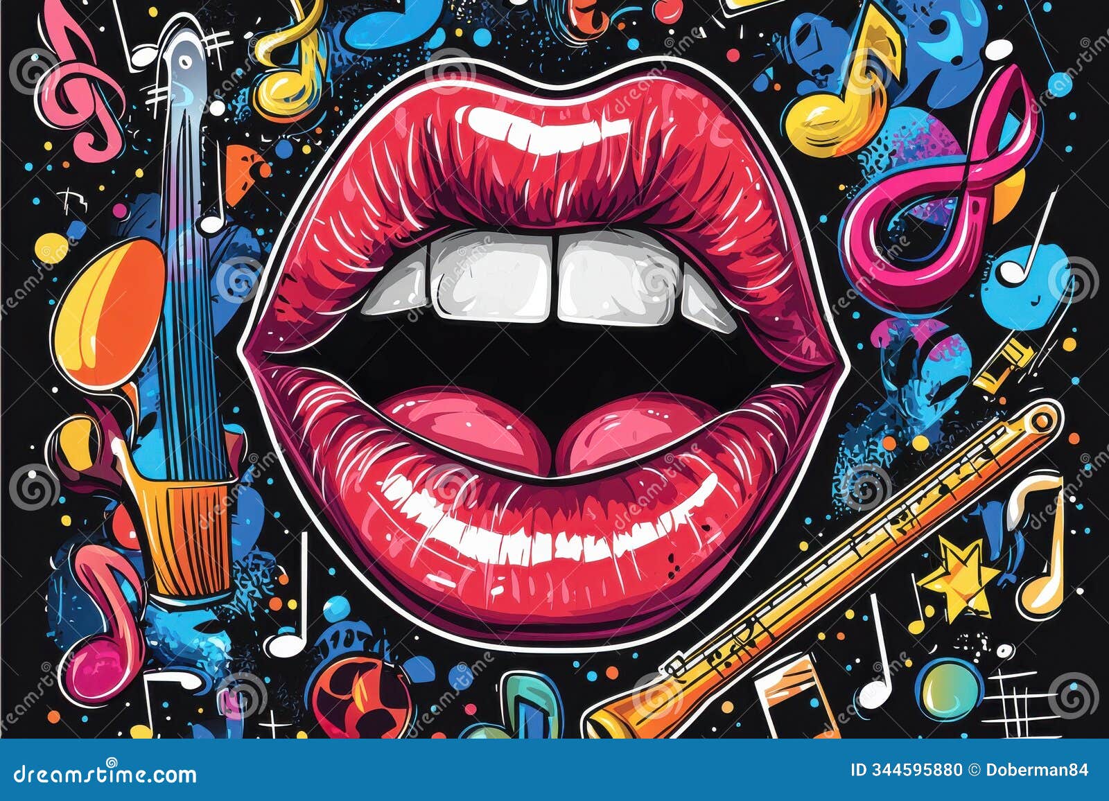 Vibrant Illustrated Lips Surrounded by Musical Instruments and Notes ...